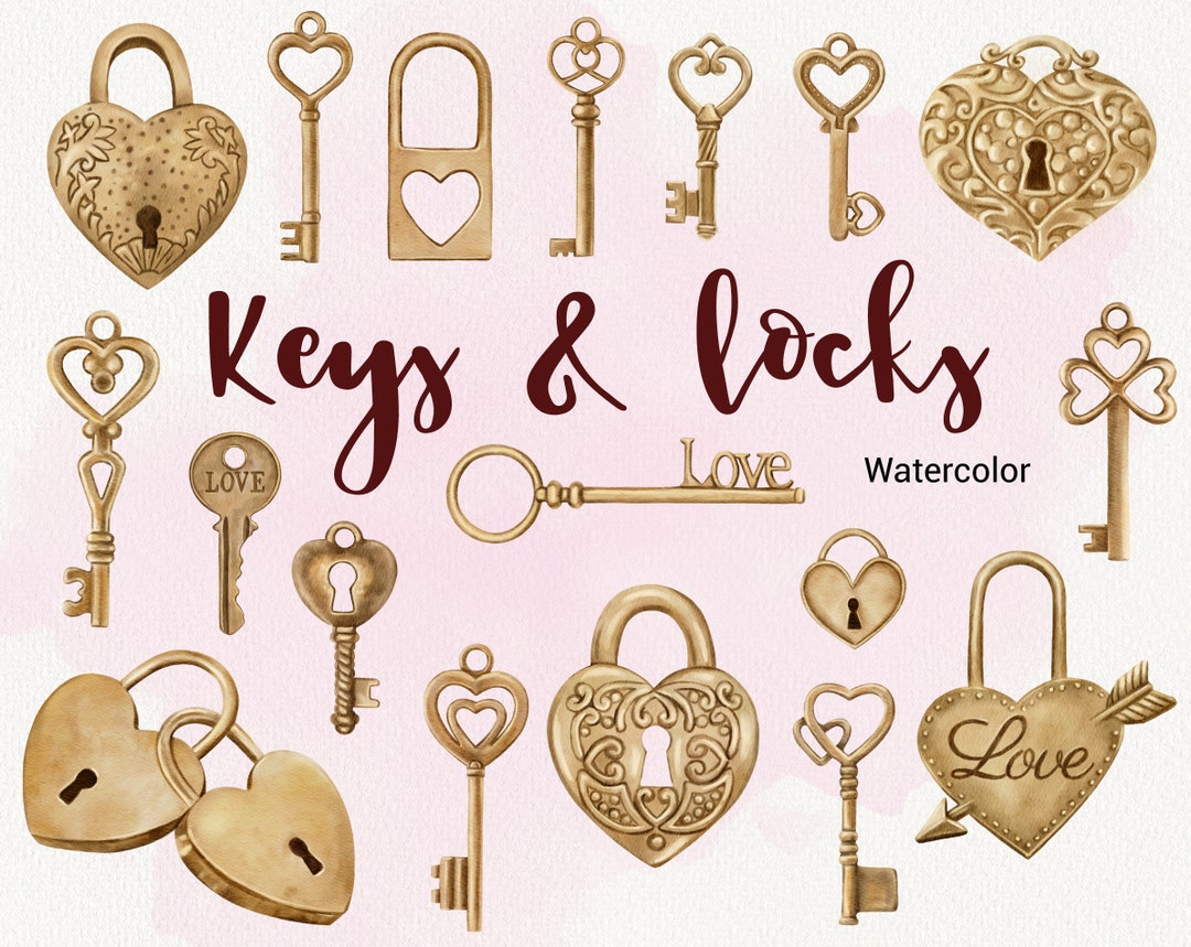 Valentine's Day Clipart, Watercolor Heart Keys and Locks Clip Art, Love ...