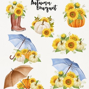Watercolor Autumn Clipart, Pumpkin Clip Art, Fall Sunflowers, Umbrella ...
