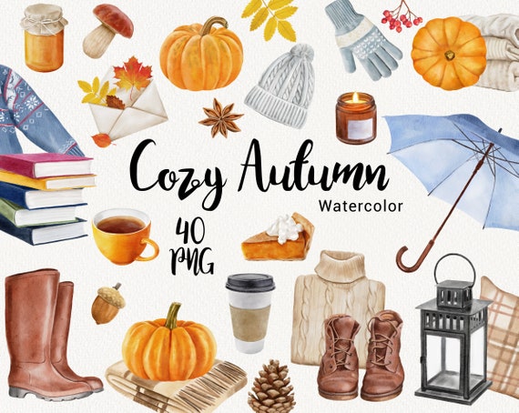 Watercolor Autumn Cozy Clipart Clothes Coffee Pumpkin Candle - Etsy
