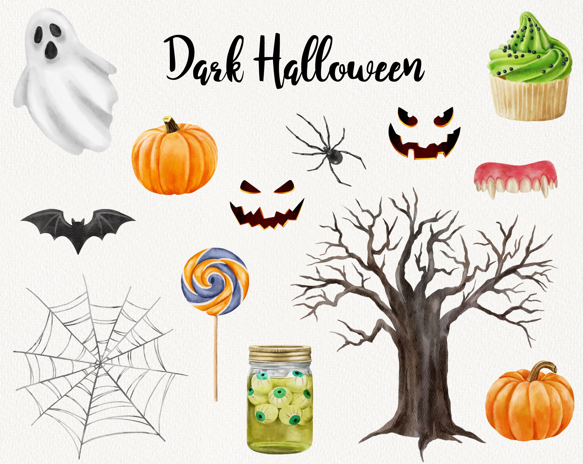 Happy Halloween Clipart Watercolor Pumpkin Tree Witch Hat - Etsy