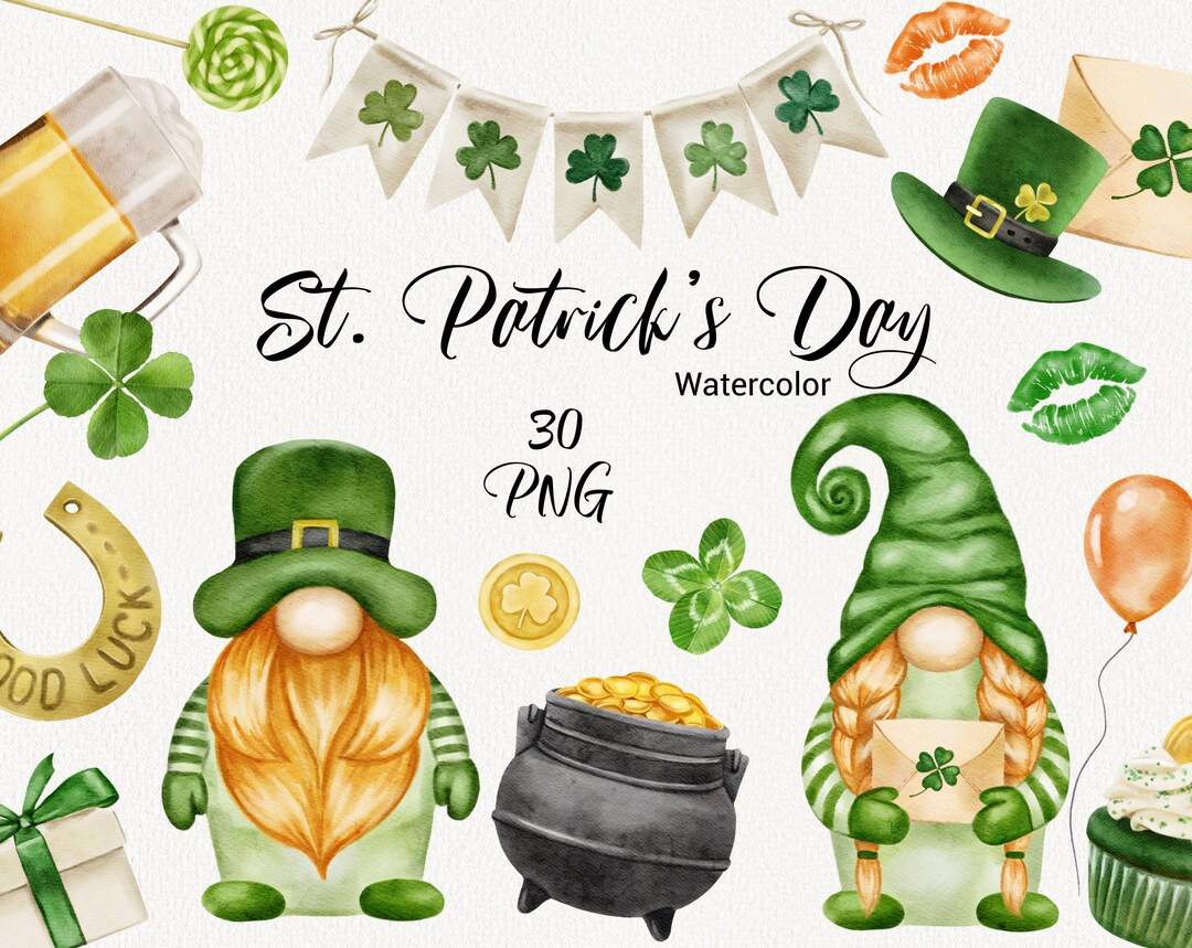 Watercolor St. Patrick's Day Clipart, Gnome Clipart, Shamrock, Clover ...