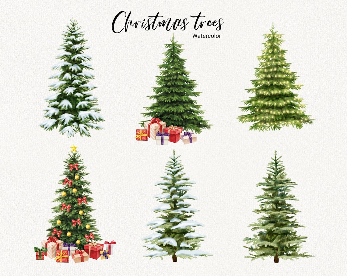 Watercolor Christmas Tree Clipart Snow Trees Rustic - Etsy