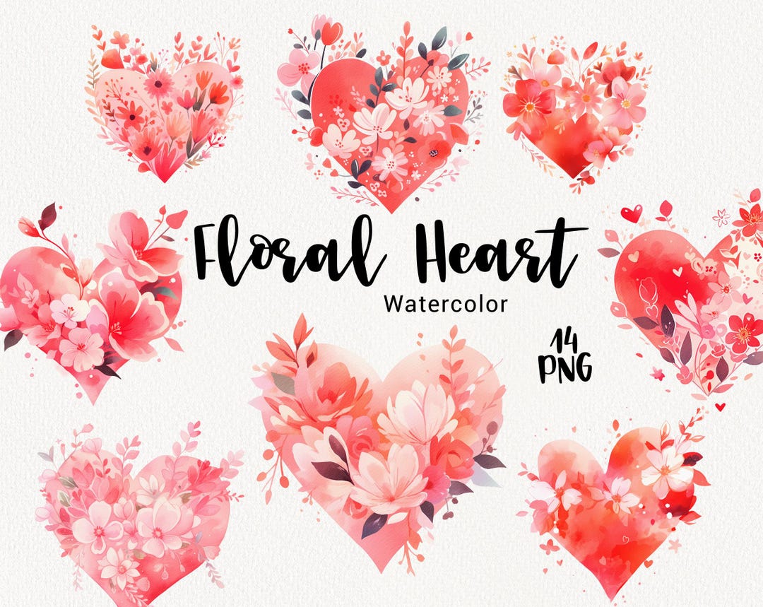 Floral Heart Watercolor Clipart, Valentine's Day Love, Cute Red Pink ...