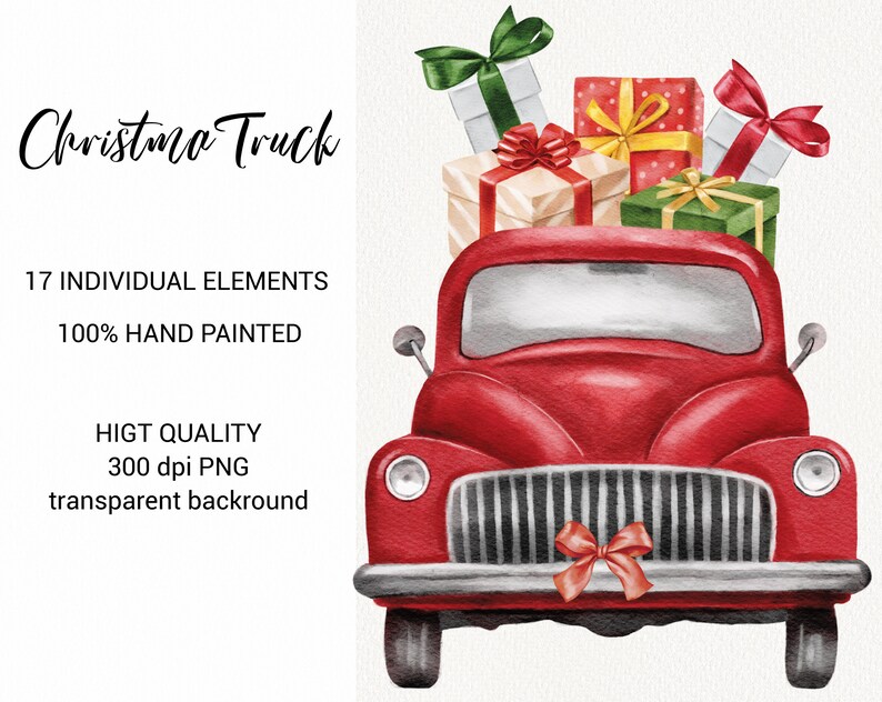Watercolor Christmas Truck Vintage Red Pickup With Trees and - Etsy