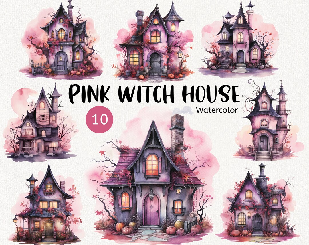 Happy Halloween Clipart, Watercolor Cute Pink Witch House, Pumpkin ...