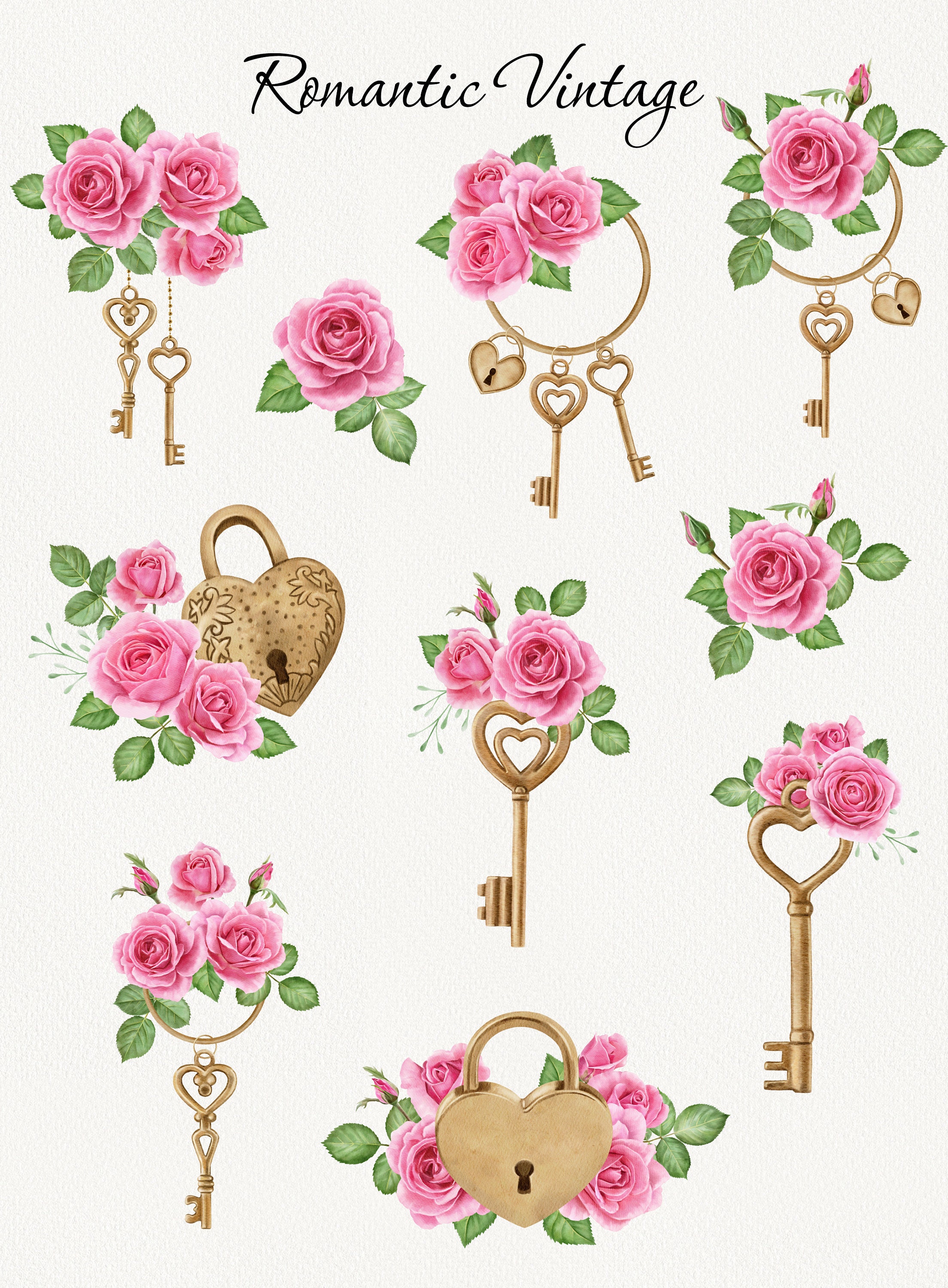 Valentine's Day Clipart, Romantic Vintage Bouquet Clipart, Love, Heart ...