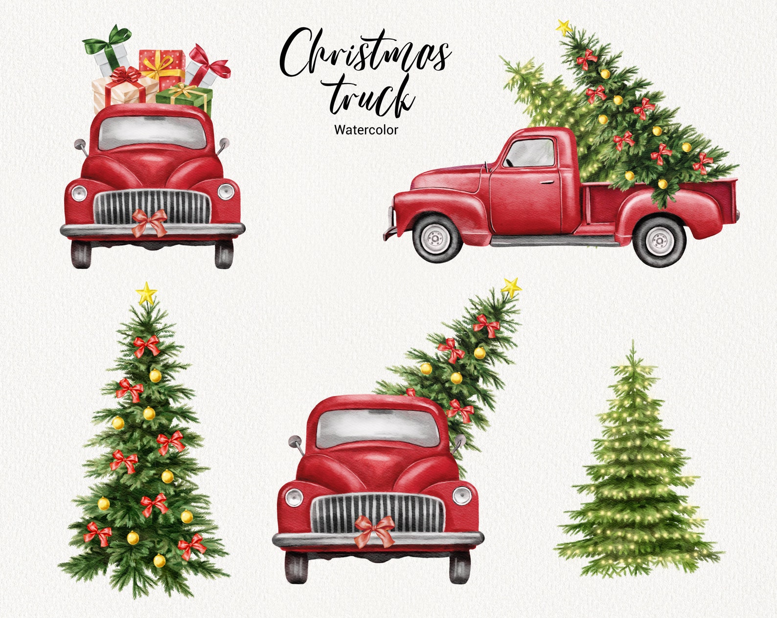 Watercolor Christmas Truck Vintage Red Pickup With Trees and - Etsy