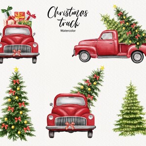 Watercolor Christmas Truck, Vintage Red Pickup With Trees and Gifts ...