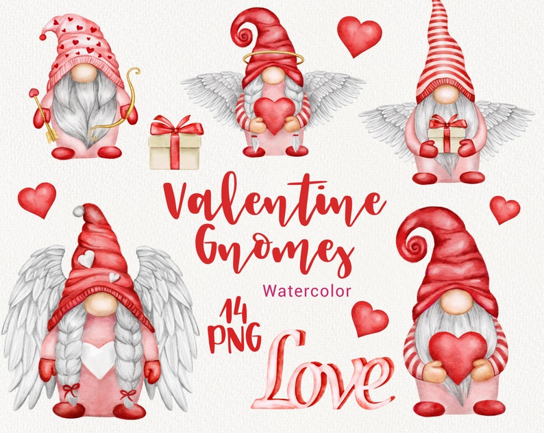 Valentine Day Gnomes Clipart Watercolor Love Gnome and Red - Etsy