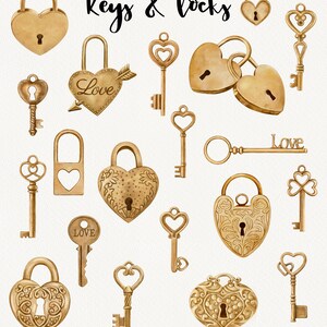 Valentine's Day Clipart, Watercolor Heart Keys and Locks Clip Art, Love ...