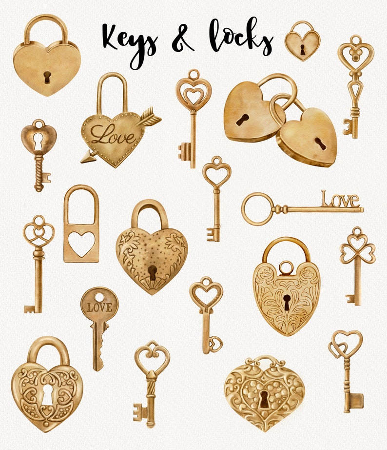 Valentine's Day Clipart, Watercolor Heart Keys and Locks Clip Art, Love ...