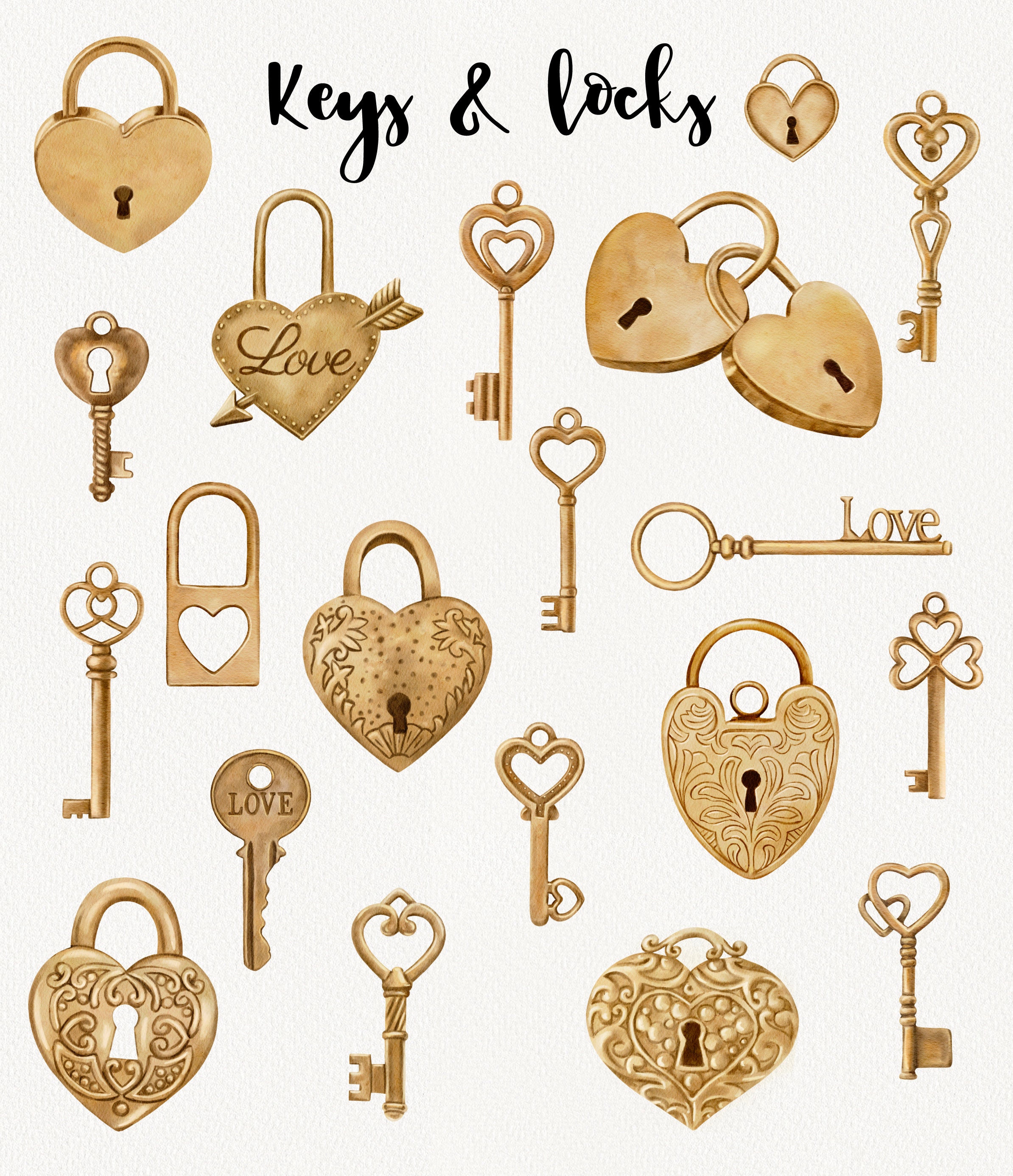 Valentine's Day Clipart, Watercolor Heart Keys and Locks Clip Art, Love ...