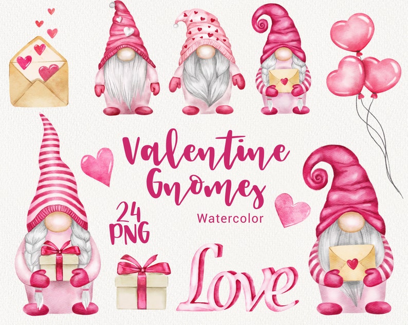 Valentine Day Gnomes Clipart, Watercolor Scandinavian Gnomes and Pink ...