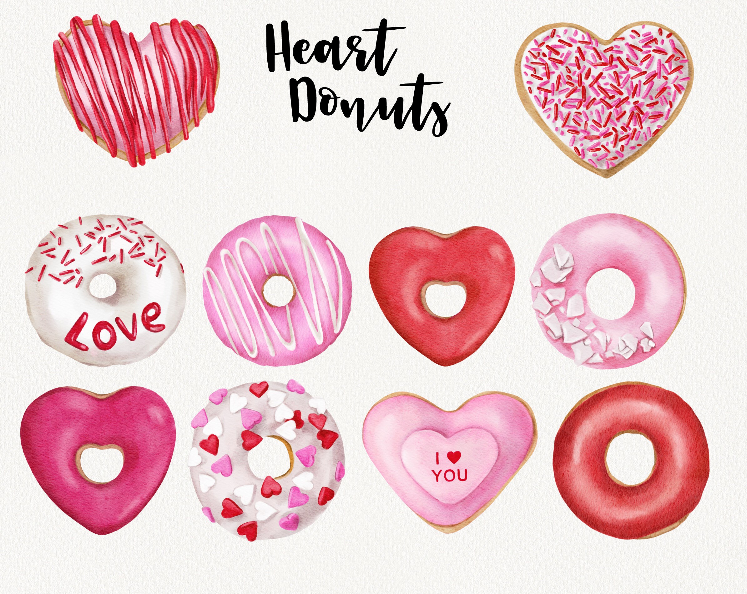 Watercolor Valentines Day Donut Clipart, Heart Donuts, Love Sweet ...