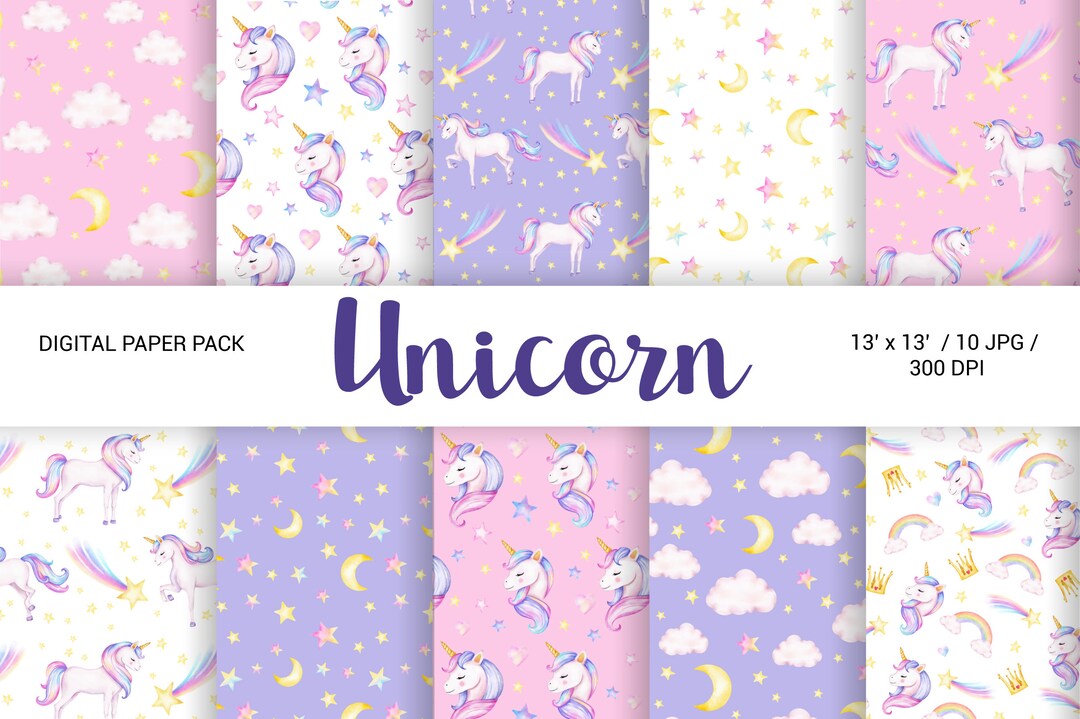 Watercolor Unicorns Digital Paper Pack, Rainbow Unicorns, Clouds ...