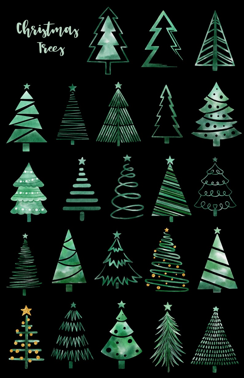 Christmas Tree Clipart Watercolor Trees Doodles Winter - Etsy