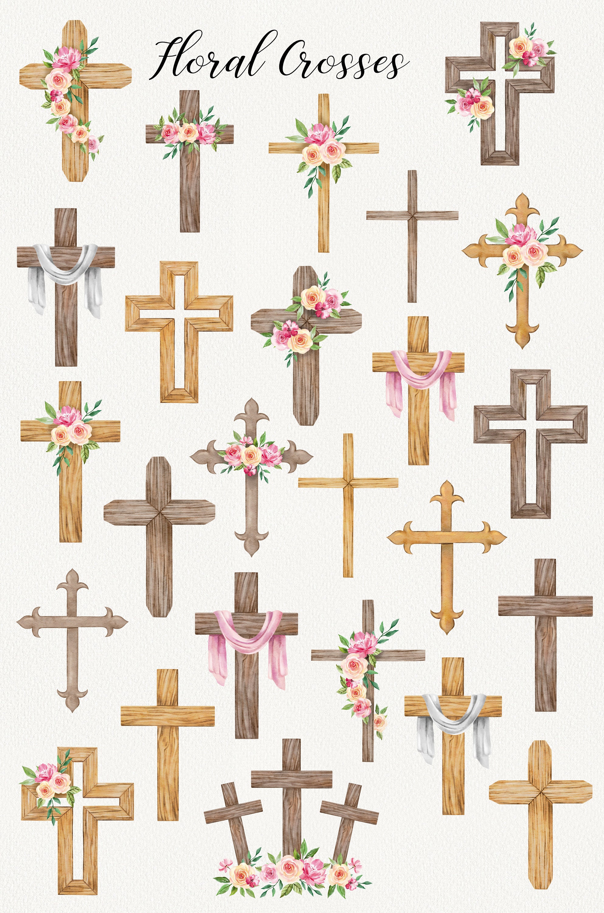 Watercolor Cross Clipart, Easter Wood Crosses With Flowers Clip Art ...