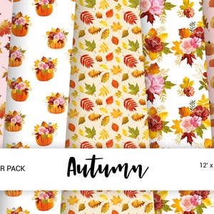 Autumn Floral Digital Paper. Fall Watercolor Autumn Pumpkins, Red and ...