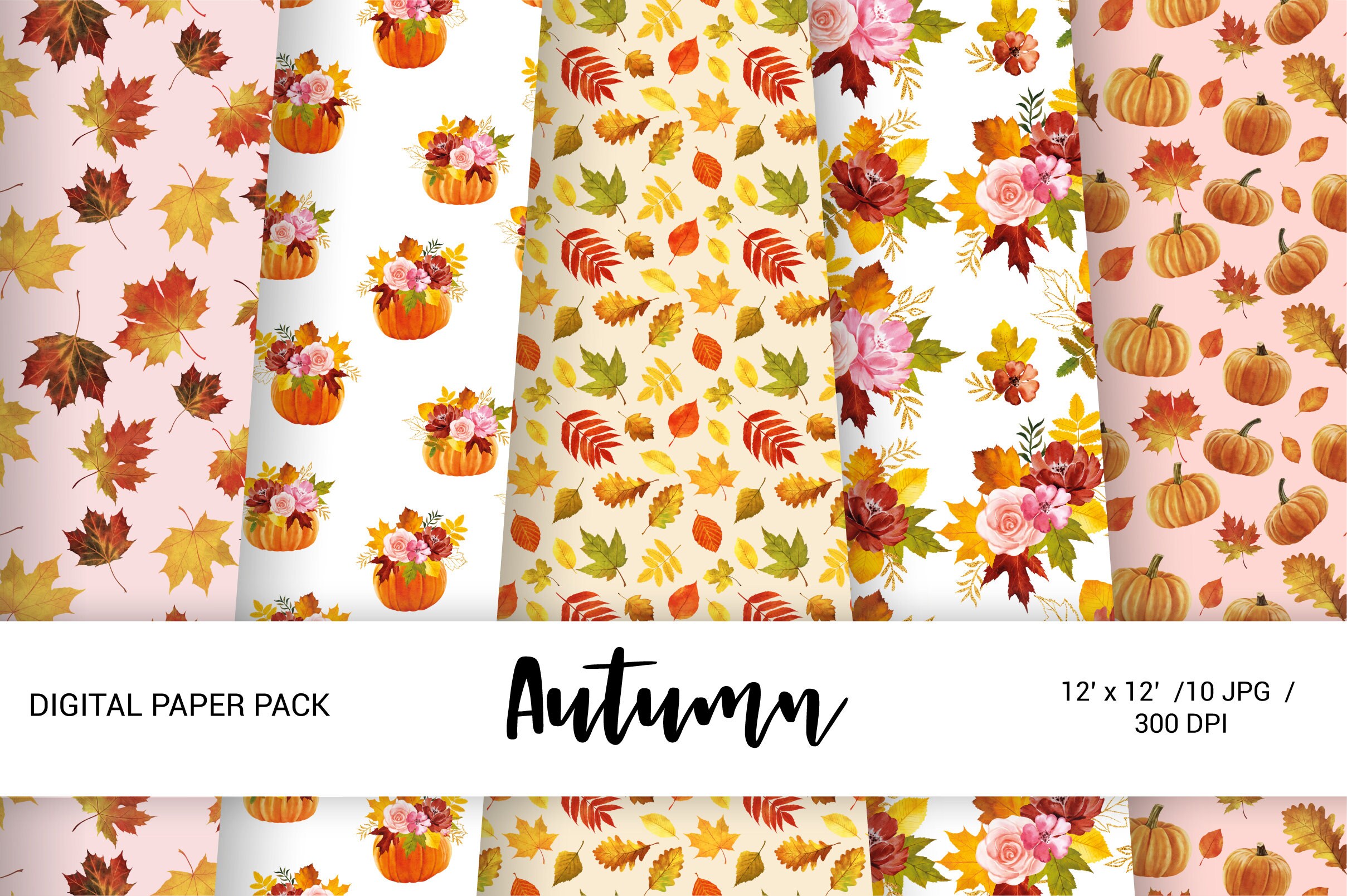 Autumn Floral Digital Paper. Fall Watercolor Autumn Pumpkins - Etsy