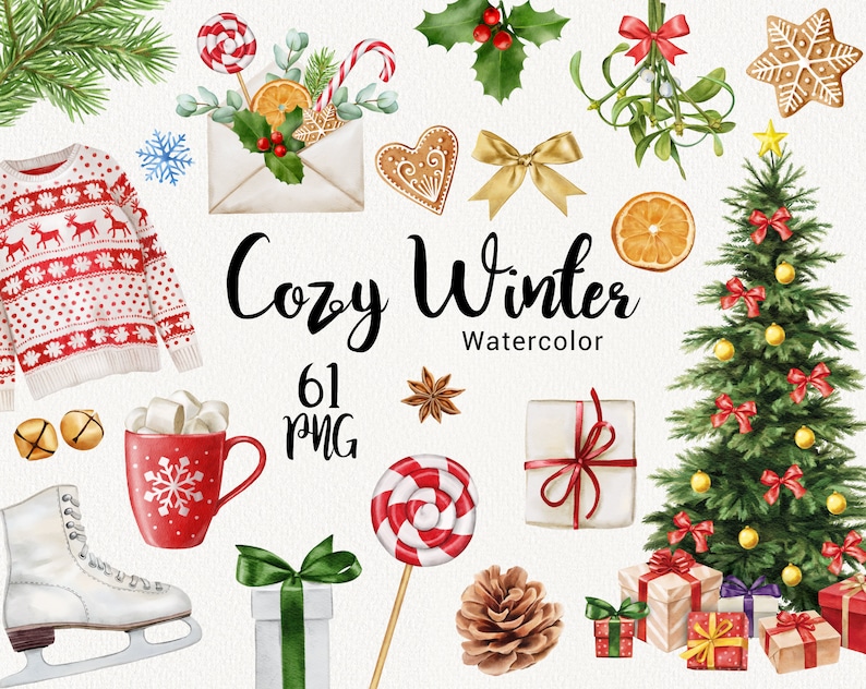 Watercolor Christmas Clipart Winter Cozy Holiday Clip Art - Etsy