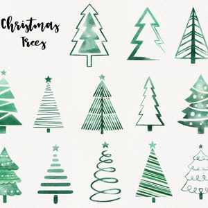 Christmas Tree Clipart, Watercolor Trees Doodles, Winter Holiday Design ...