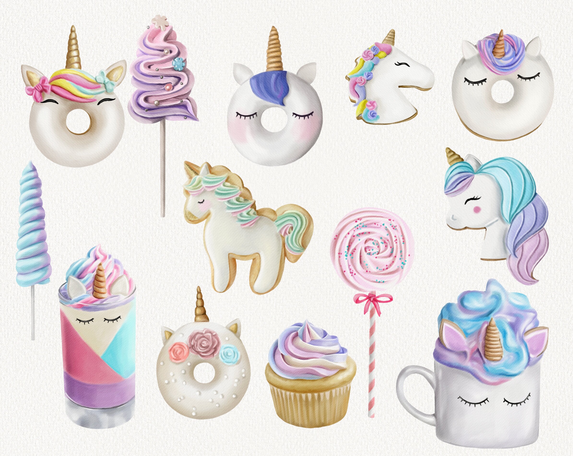 Unicorn Watercolor Clipart, Donut Unicorn, Cupcakes, Sweets Graphics ...