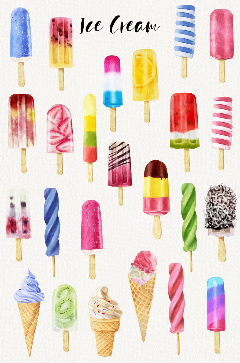 Ice Cream Clipart, Watercolor Summer Icecream, Waffle Cone, Popsicle ...