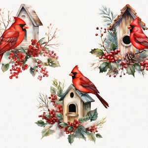 Watercolor Red Cardinals Clipart, Winter Birdhouse Cardinal, Cozy ...
