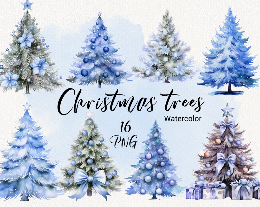 Watercolor Christmas Tree Clipart, Cute Blue Trees, Christmas Tree With ...