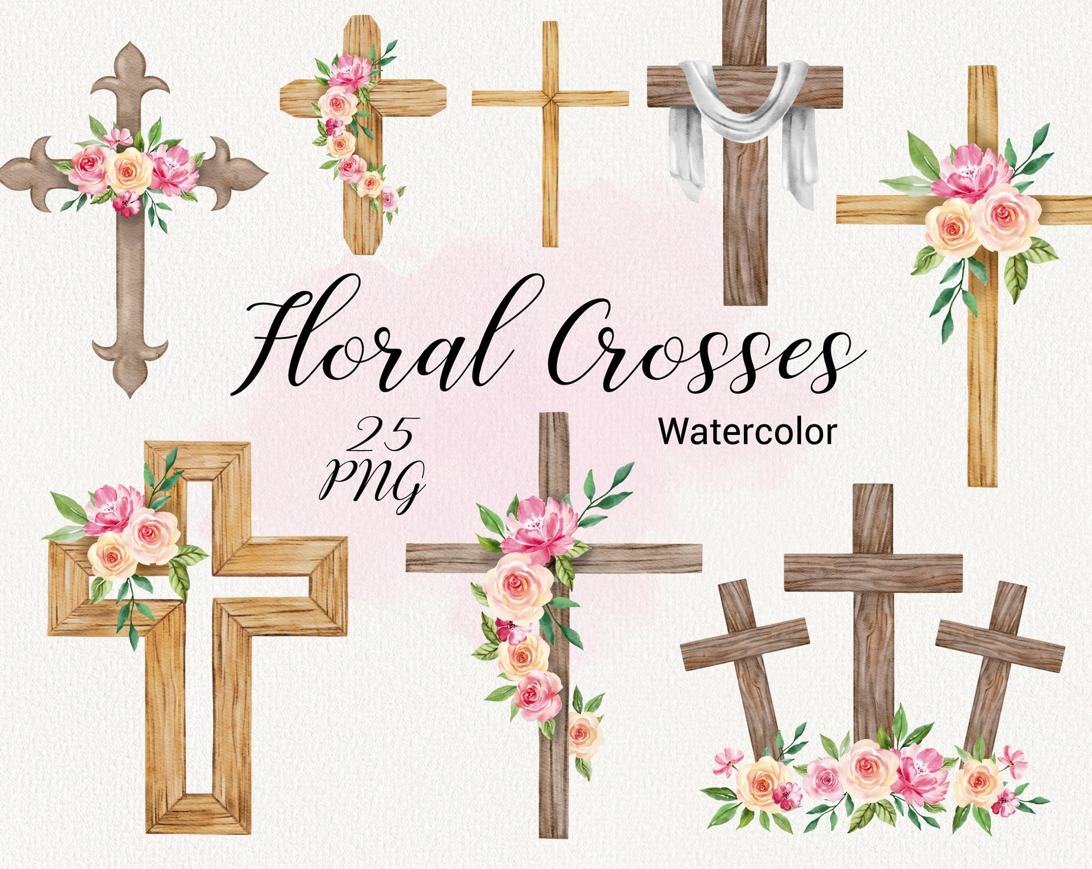Watercolor Cross Clipart, Easter Wood Crosses With Flowers Clip Art ...