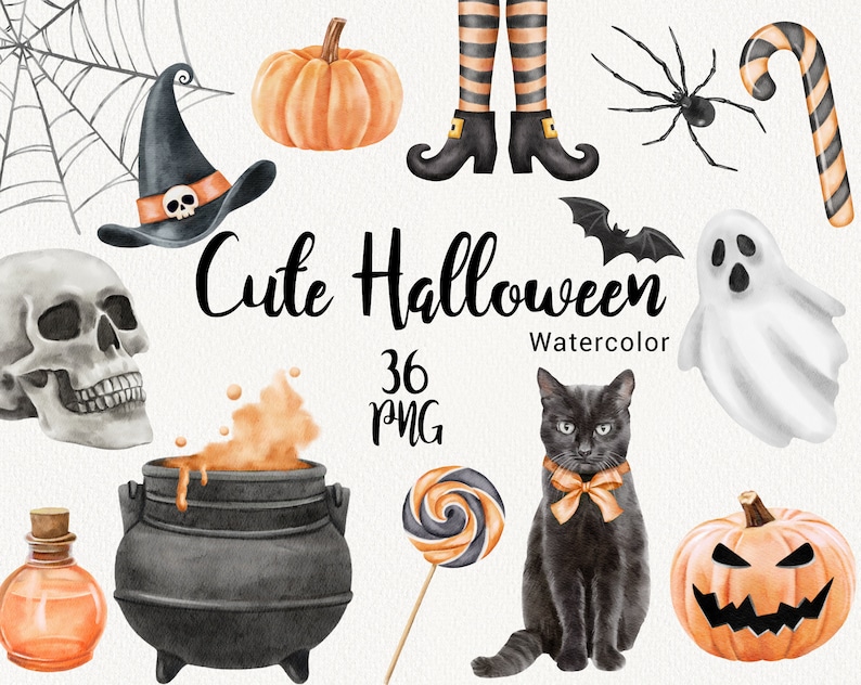 Happy Halloween Clipart Watercolor Cute Halloween Pumpkin - Etsy