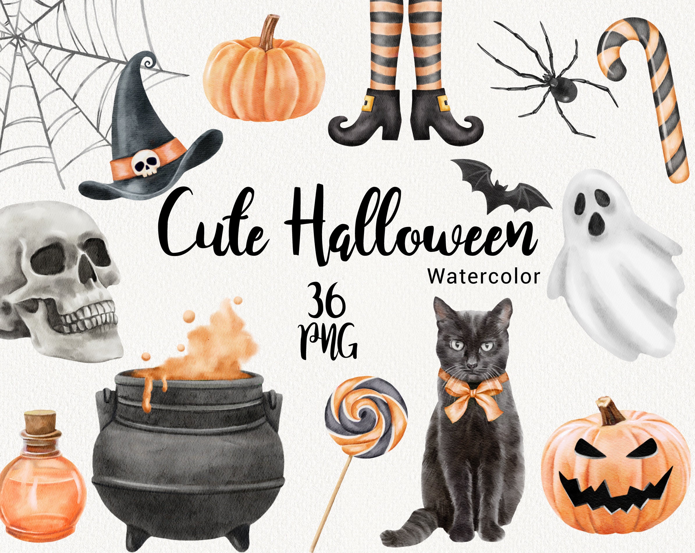 Happy Halloween Clipart Watercolor Cute Halloween Pumpkin - Etsy