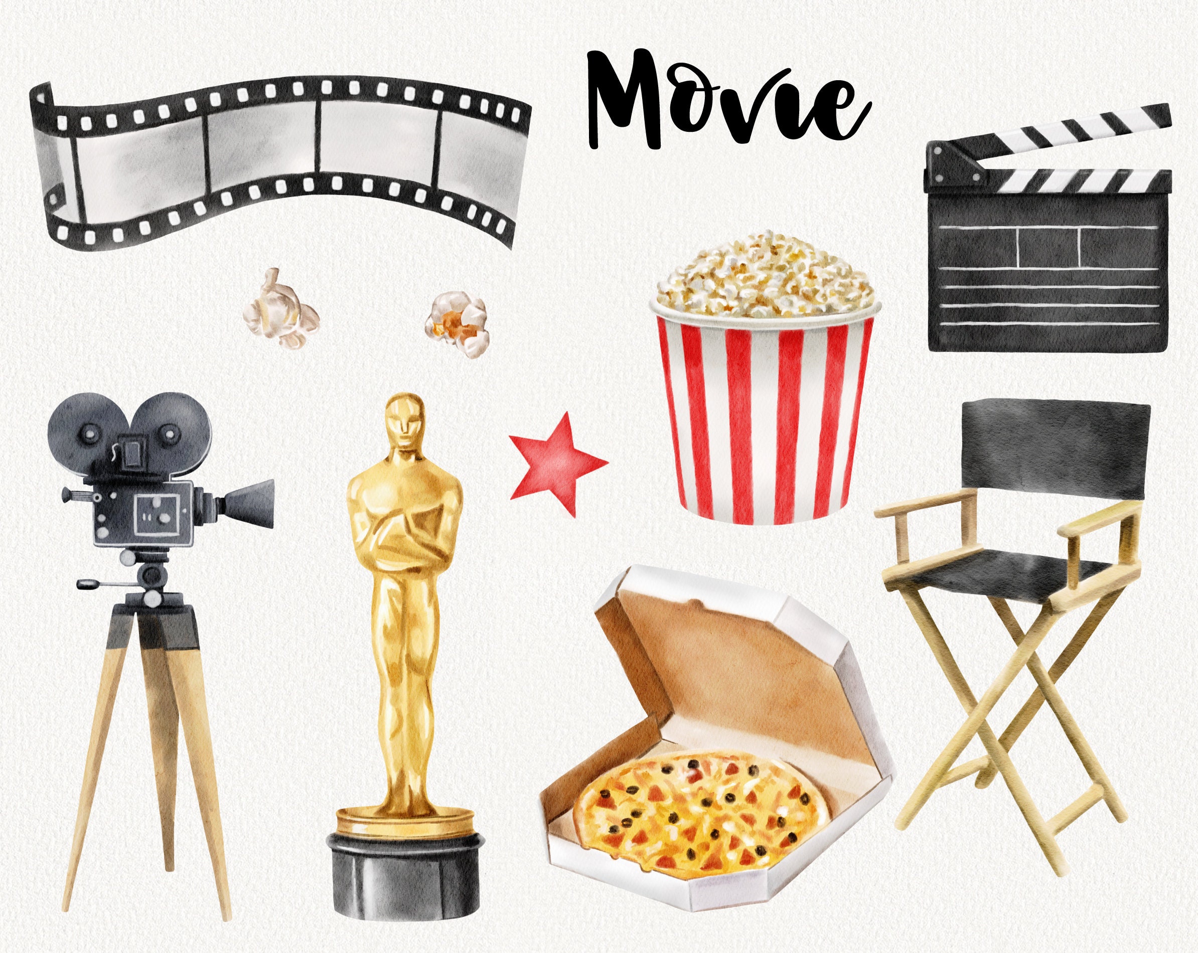 Movie Clipart Watercolor Cinema Clipart Summer Clip Art - Etsy