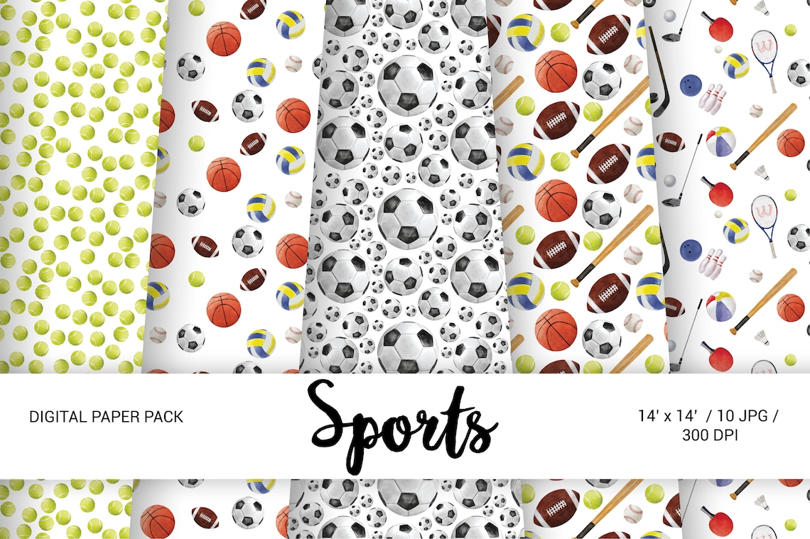Watercolor Sports Digital Paper, Football, Basketball, Baseball, Soccer ...