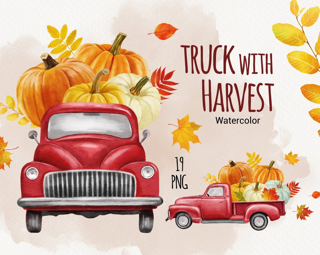 Watercolor Truck With Pumpkins, Harvest Car, Autumn Leaves, Fall ...
