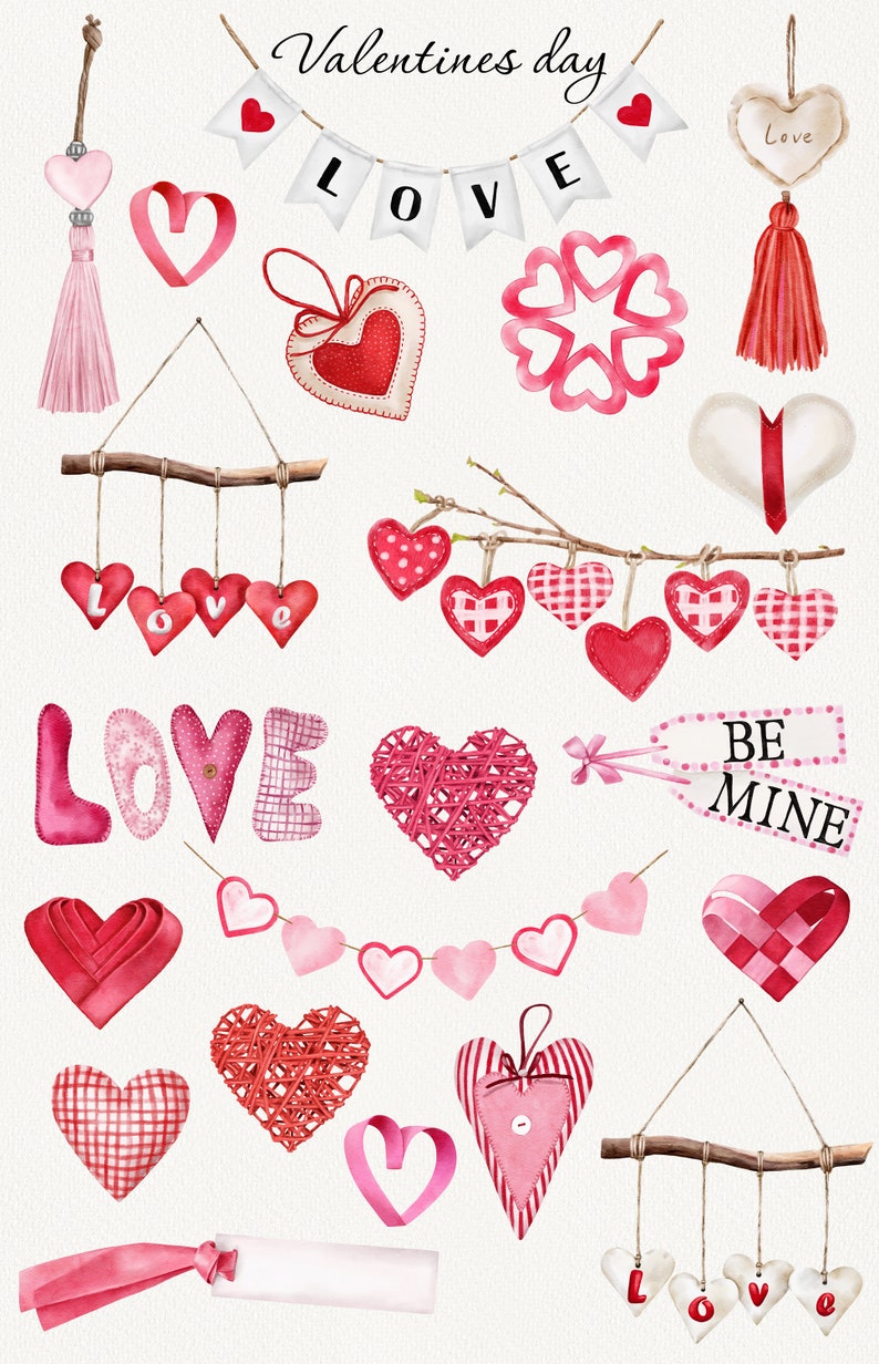 Valentine's Day Clipart, Watercolor Love Clip Art, Tree With Red Hearts ...