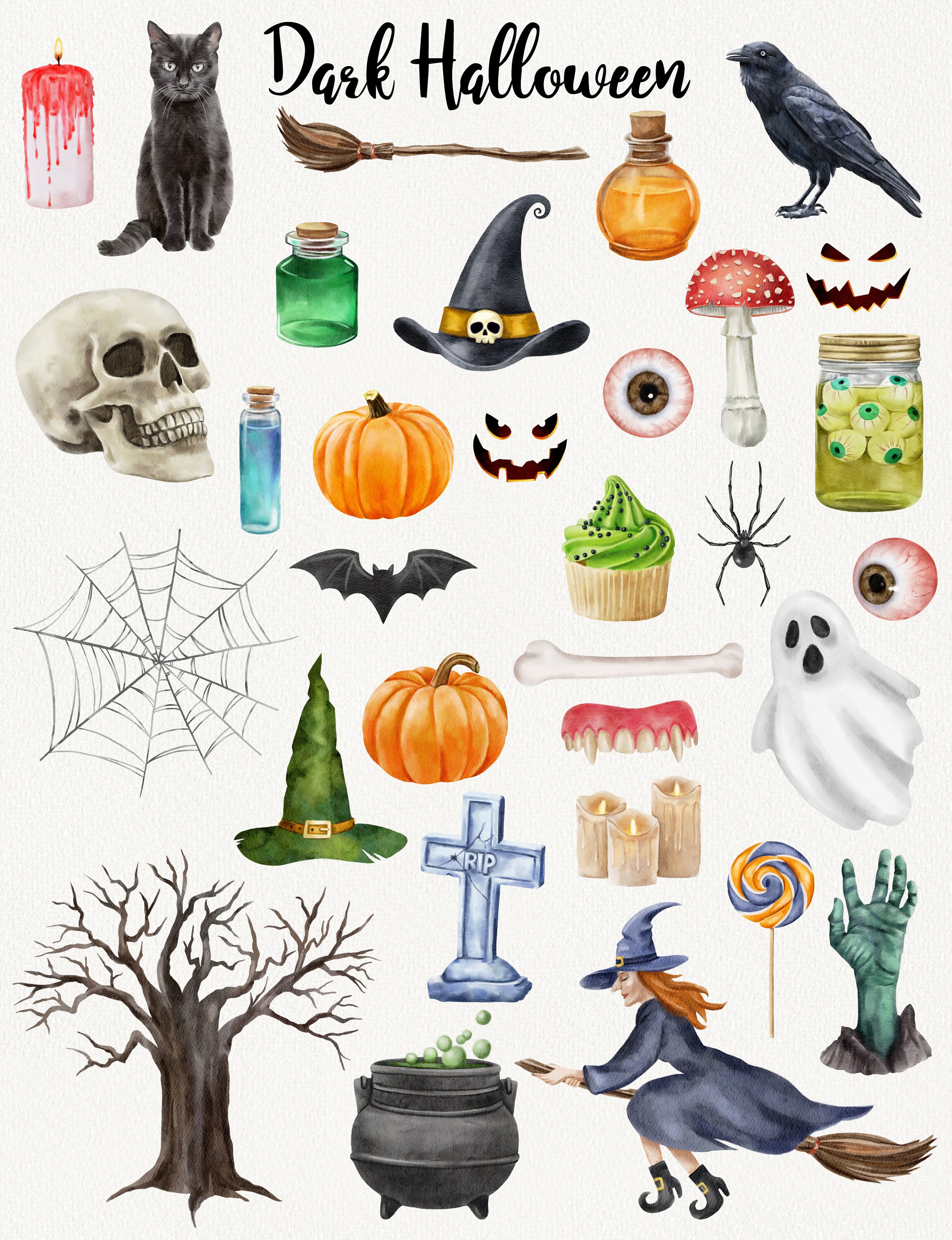 Happy Halloween Clipart Watercolor Pumpkin Tree Witch Hat - Etsy