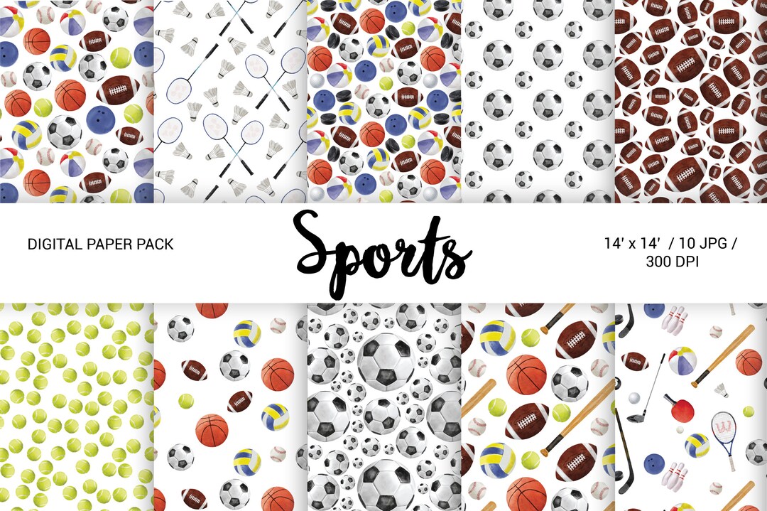 Watercolor Sports Digital Paper, Football, Basketball, Baseball, Soccer ...