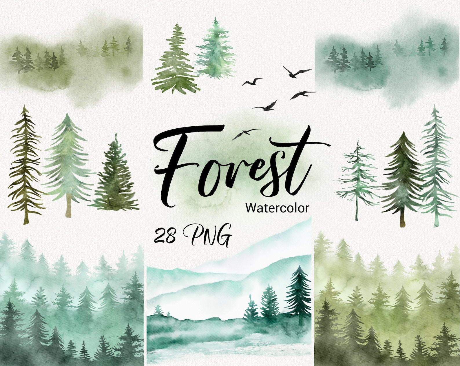 Watercolor Forest Tree Clipart Pine Tree Clipart Woodland - Etsy