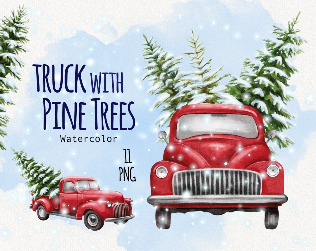 Watercolor Christmas Truck, Vintage Red Pickup With Trees Clip Art ...