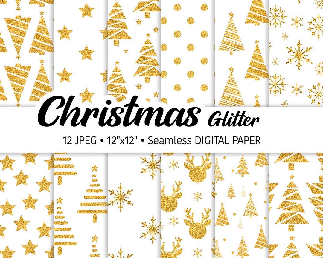 Christmas Glitter Digital Paper Pack, Cute Gold Glitter Trees, Winter ...