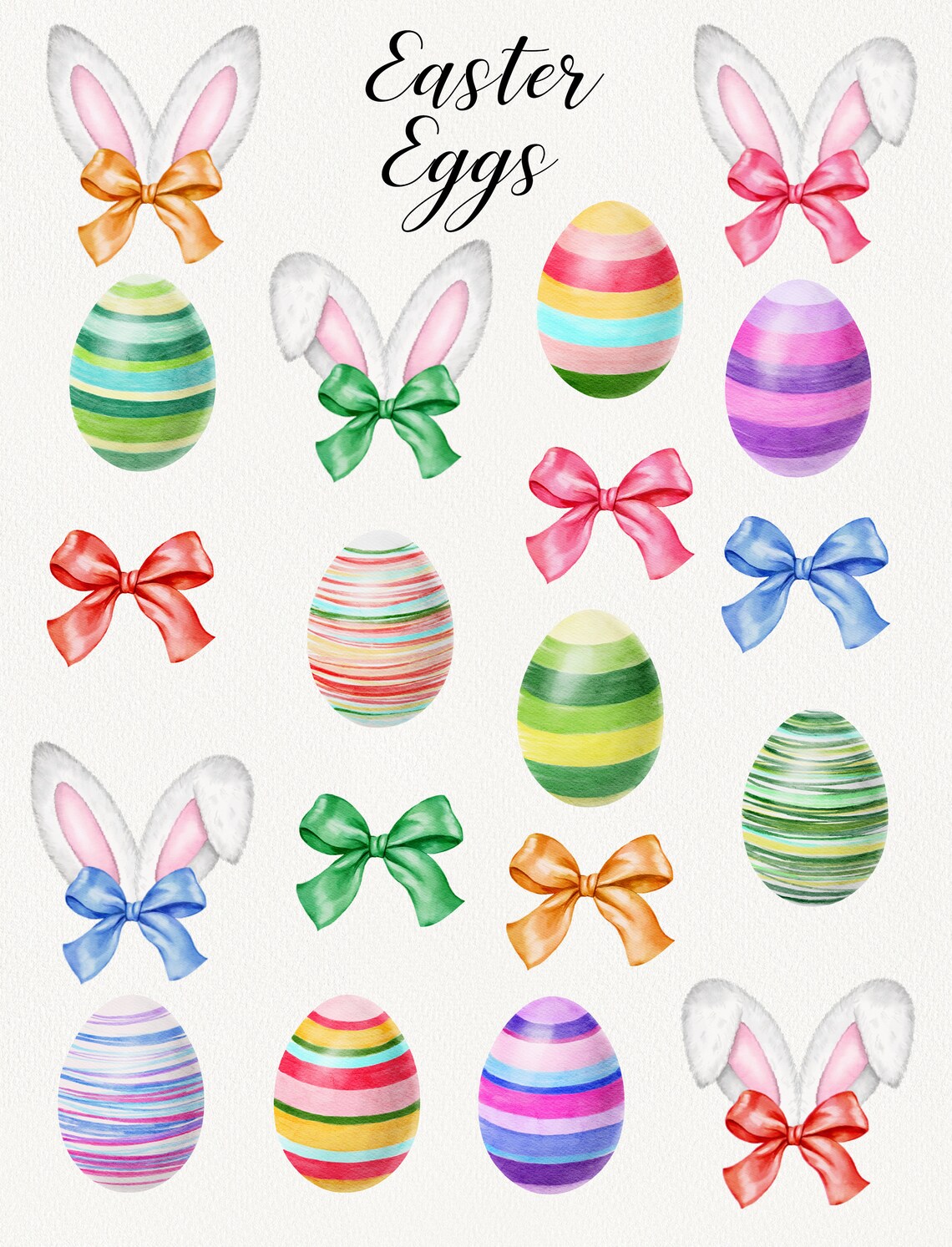 Watercolor Easter Eggs Clipart, Cute Bunny Ears, Spring Easter Holiday ...
