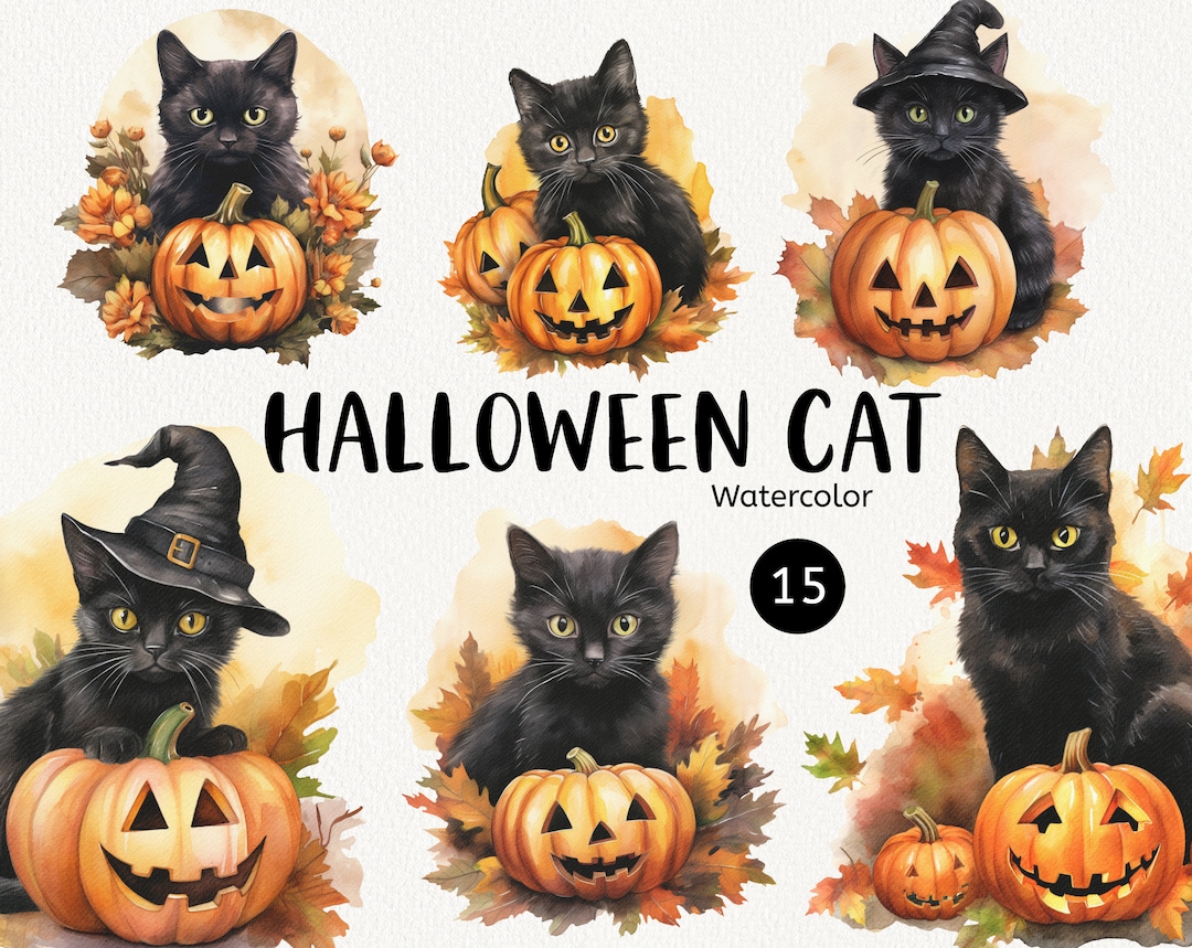 Watercolor Halloween Black Cat Clipart, Spooky Witch Cat, Cute Pumpkin ...