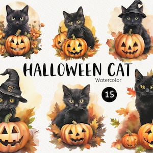 Watercolor Halloween Black Cat Clipart, Spooky Witch Cat, Cute Pumpkin ...