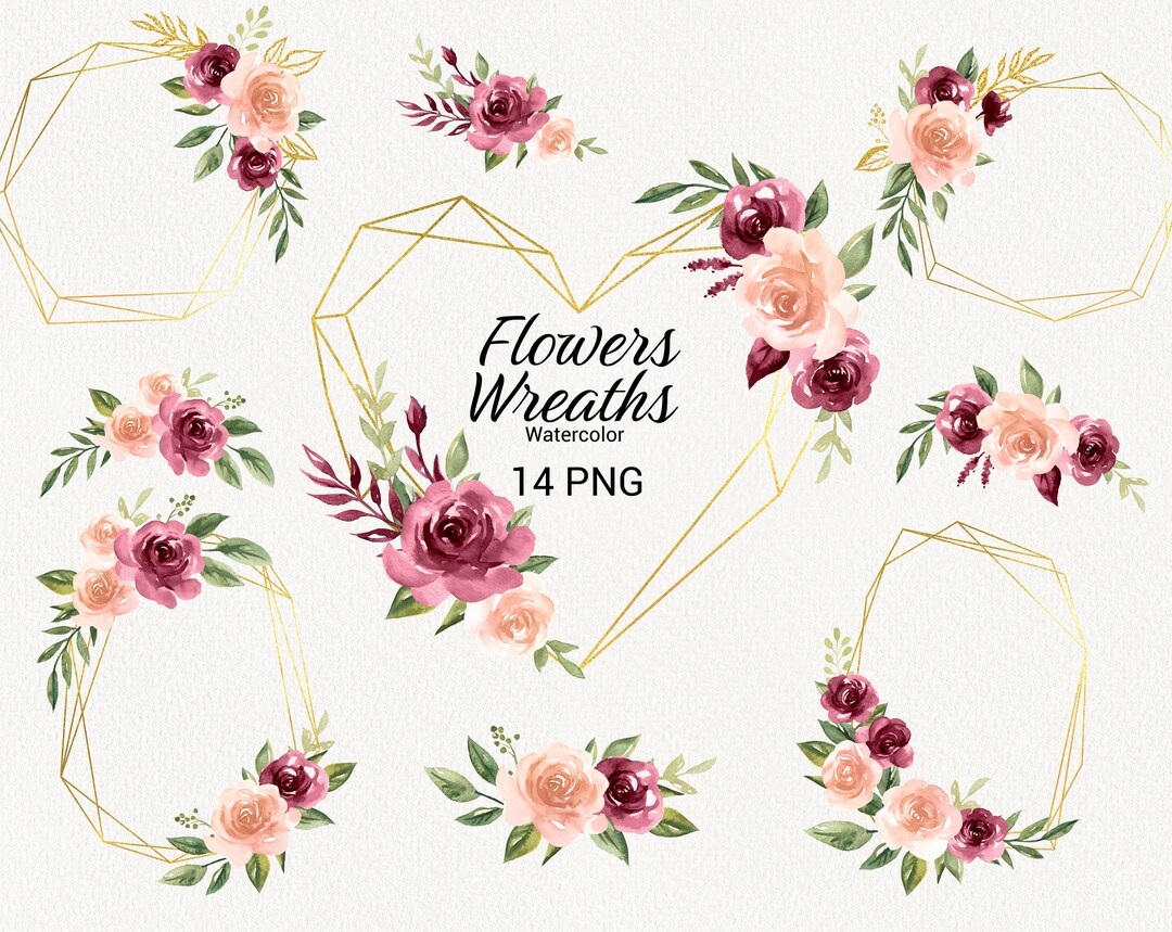 Watercolor Boho Floral Wreath Clipart, Burgundy Flowers, Gold Geometric ...