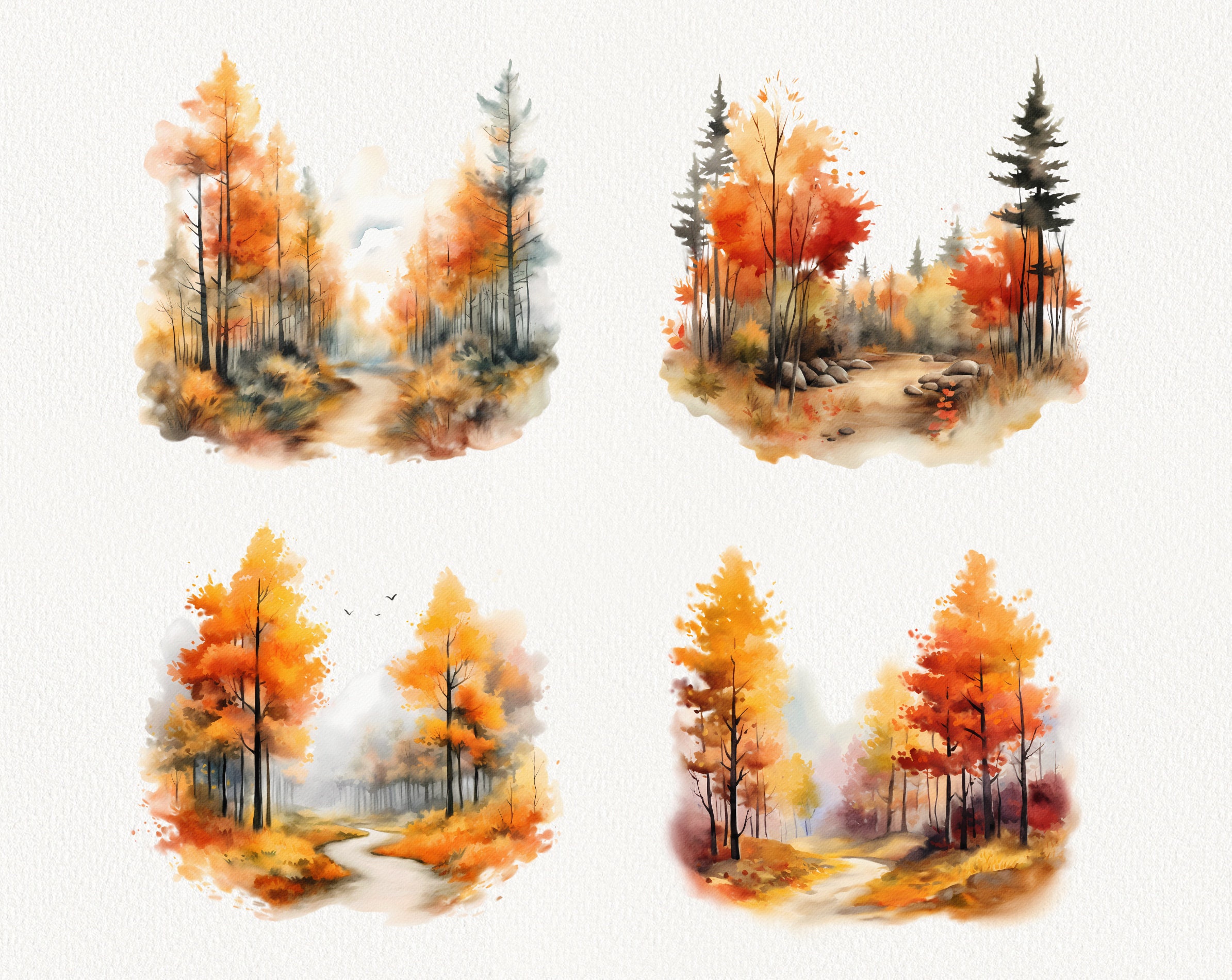 Watercolor Landscapes Clipart, Fall Autumn Forest Tree, Woodland, Fine ...