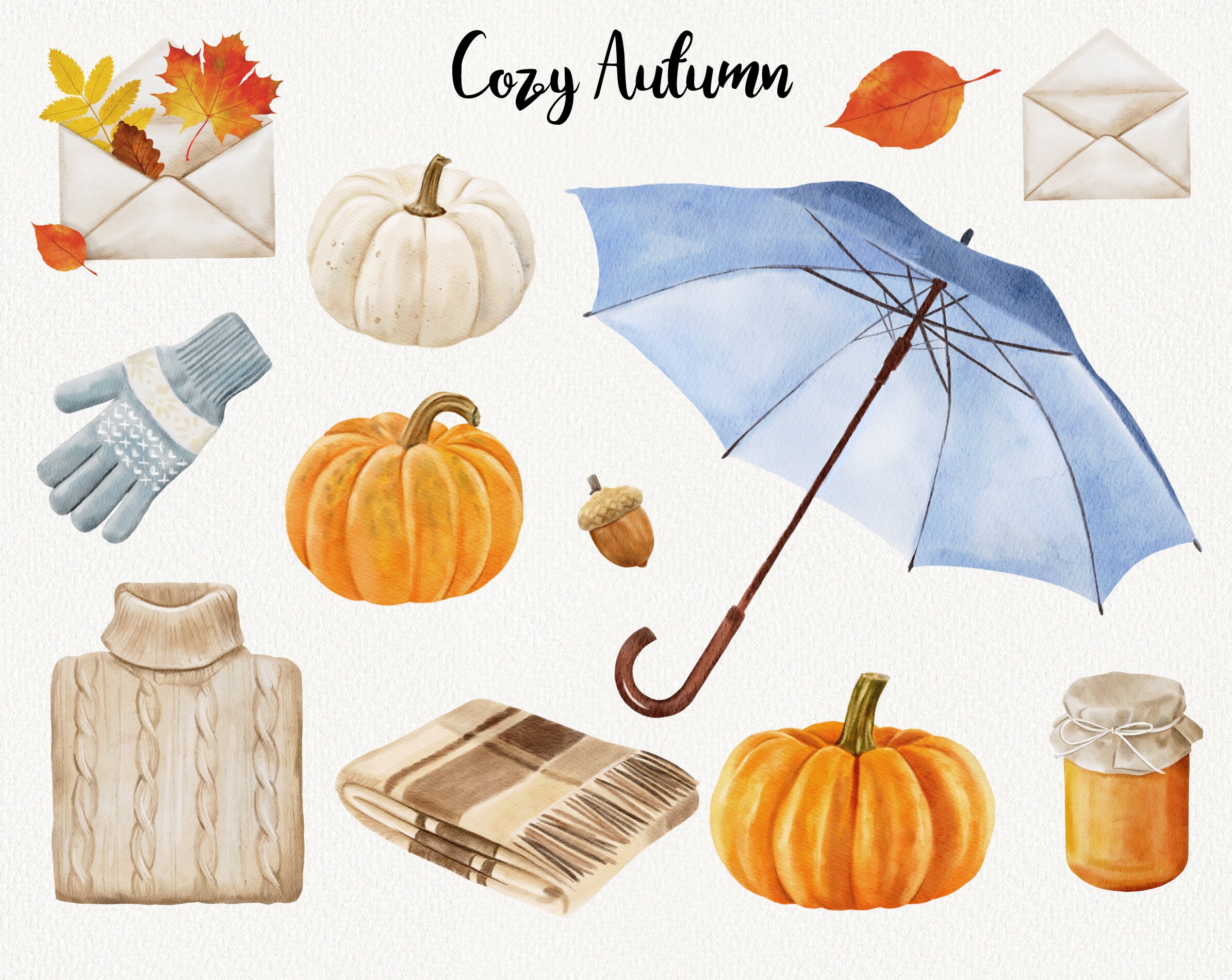 Watercolor Autumn Cozy Clipart, Clothes Coffee Pumpkin Candle Dried ...
