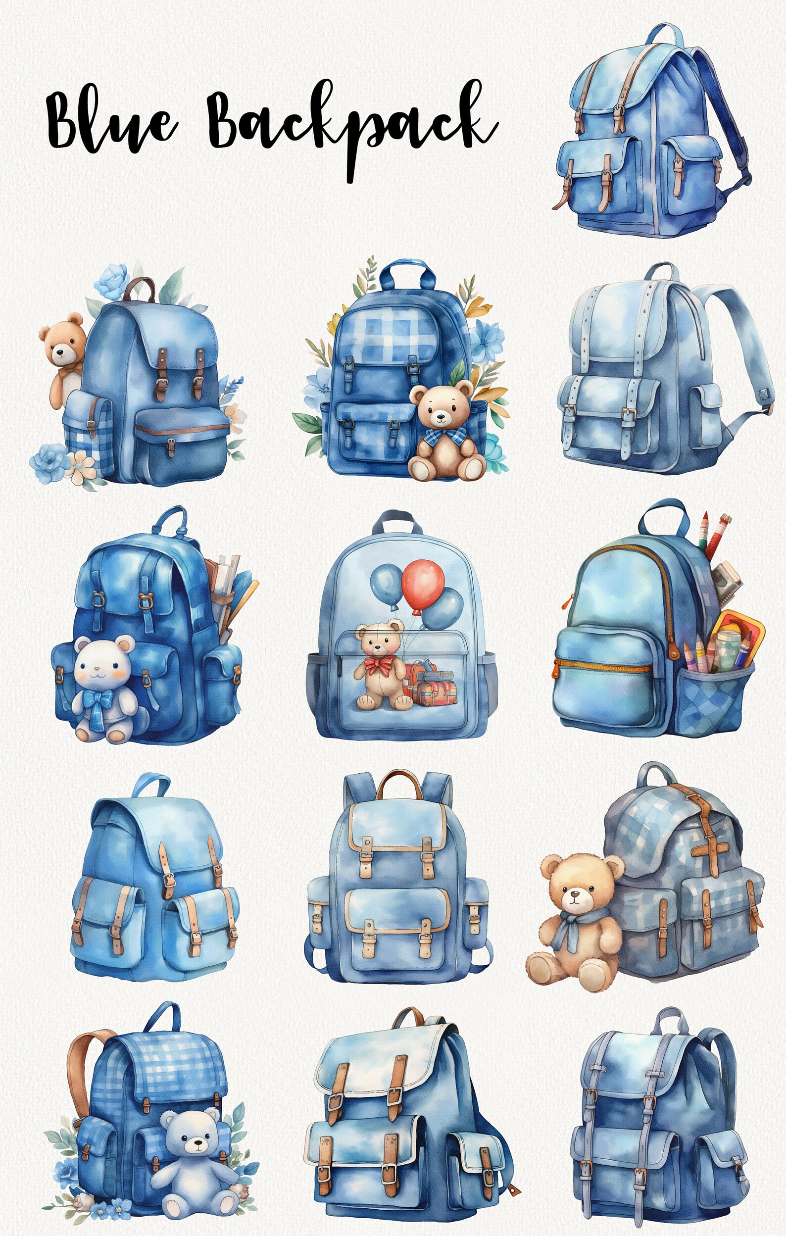 Watercolor Blue Backpack clipart, Back to School, Planner Clip Art ...