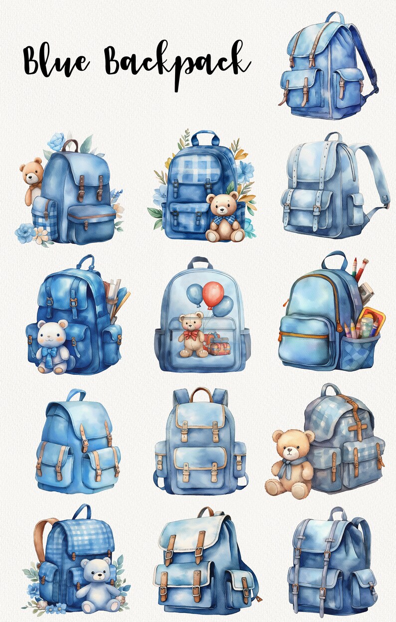 Watercolor Blue Backpack clipart, Back to School, Planner Clip Art ...