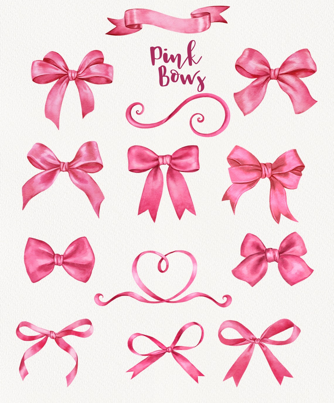 Watercolor Pink Bows Clipart. Handpainted. Silk Bow Romantic - Etsy